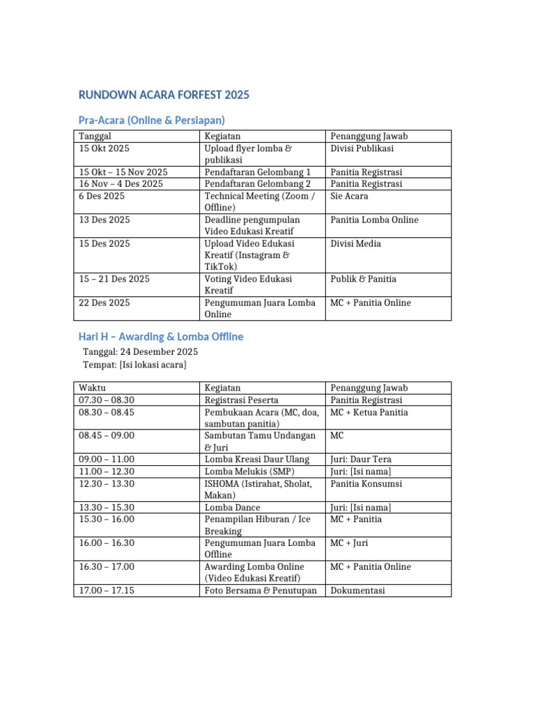 Rundown Acara Forfest 2025 Tabel | PDF