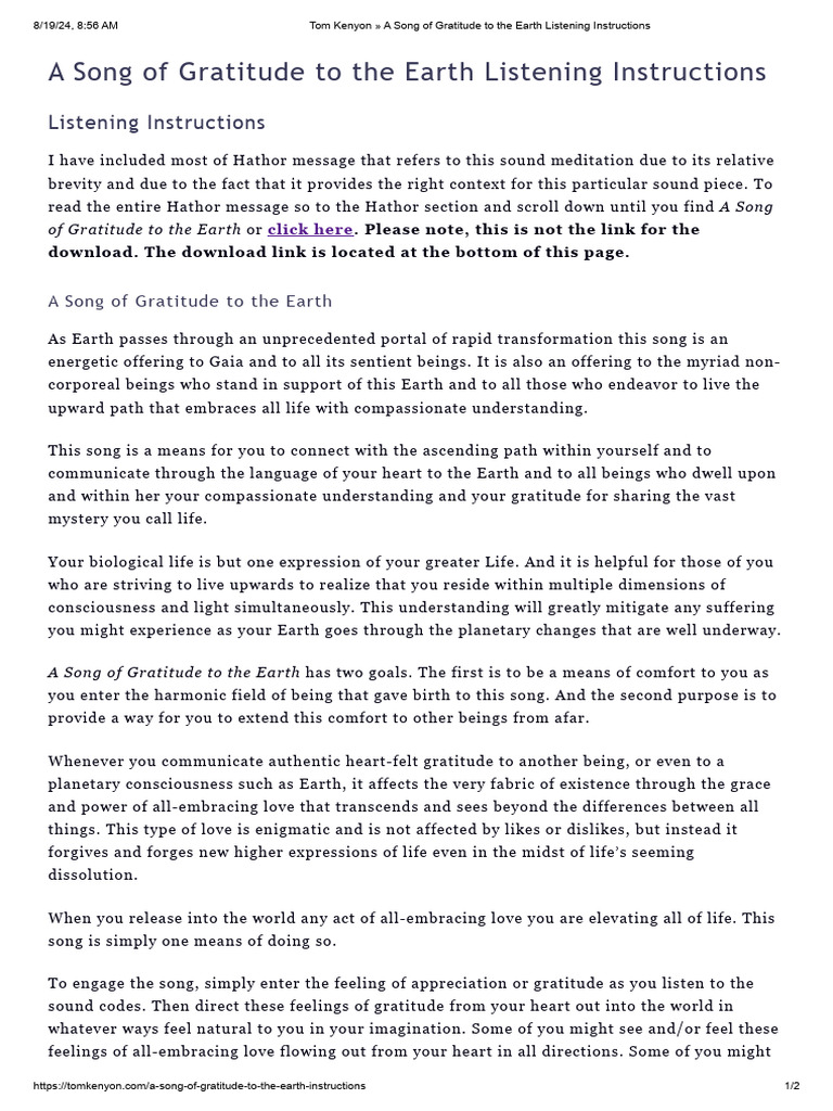 A Song of Gratitude To The Earth Listening Instructions | PDF | Feeling ...