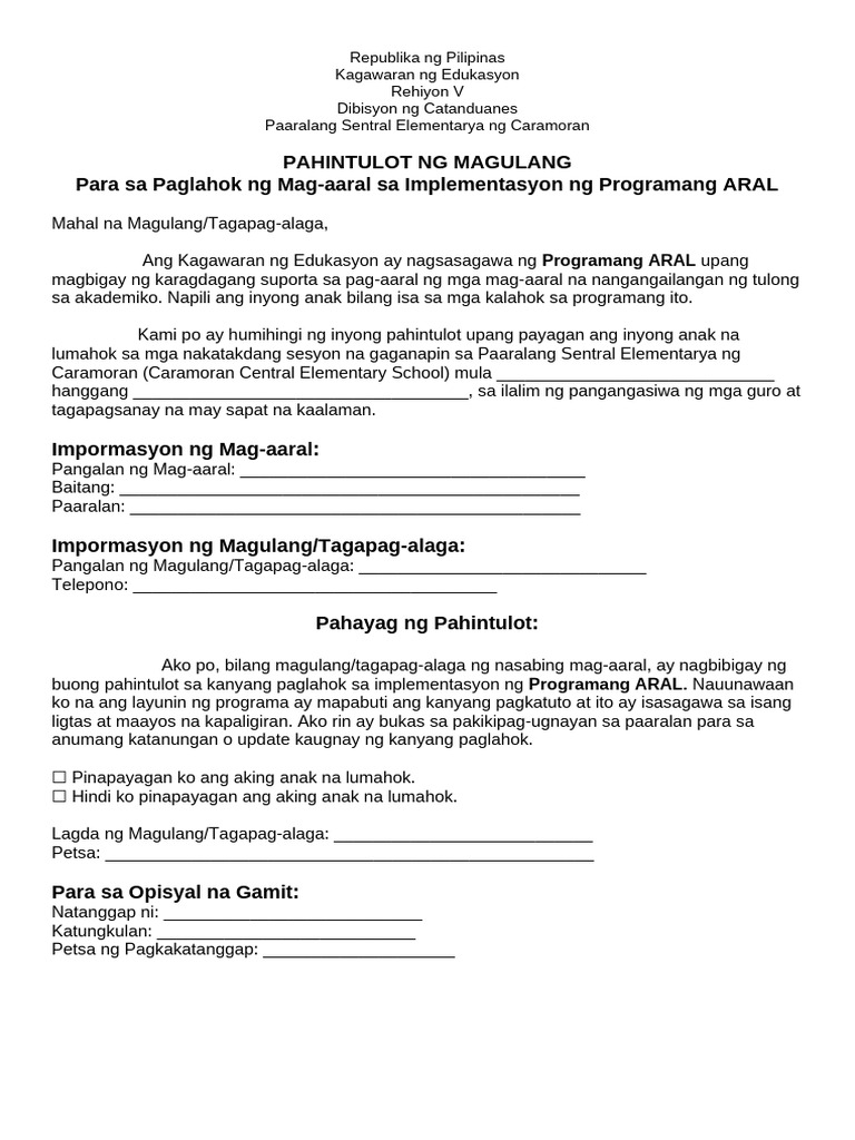 Pahintulot NG Magulang ARAL | PDF