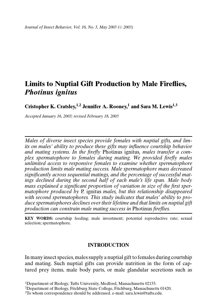 Limits To Nuptial Gift Production by Male Fireflies,: Photinus Ignitus ...