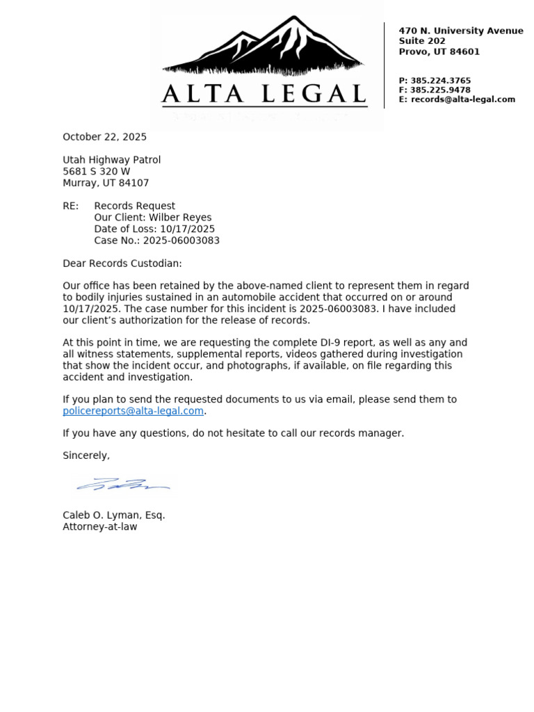 Records Request for Auto Accident Case | PDF