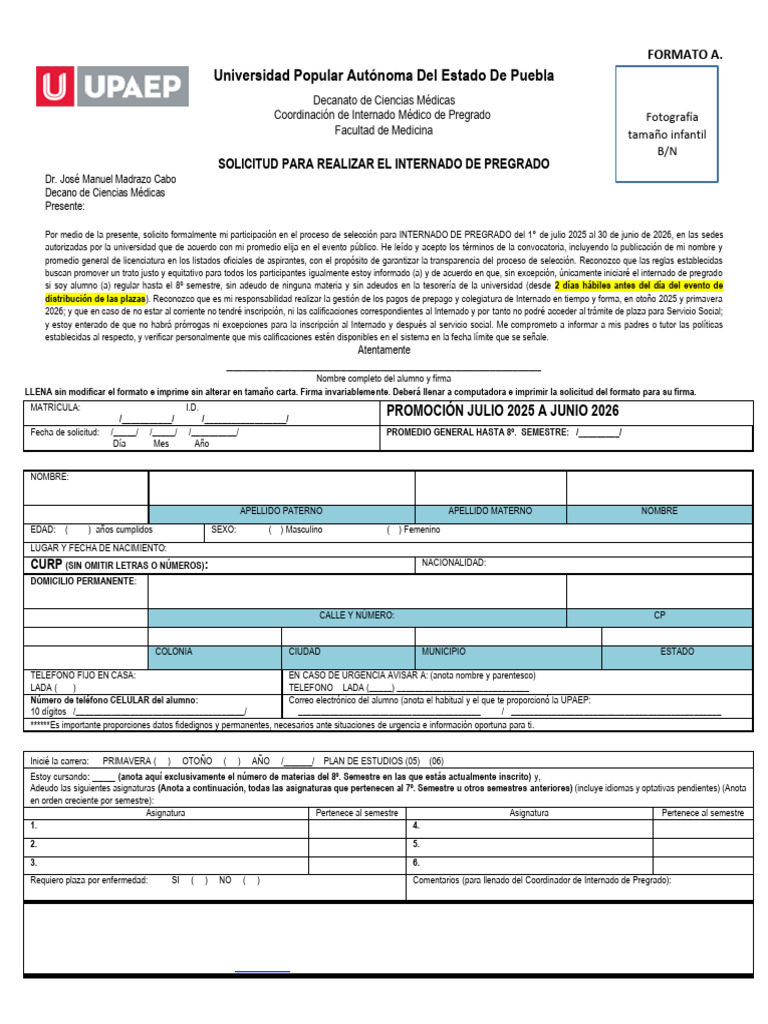 Solicitud Oficial Internado de Pregrado Promocion Julio 2025 ANEXO A | PDF