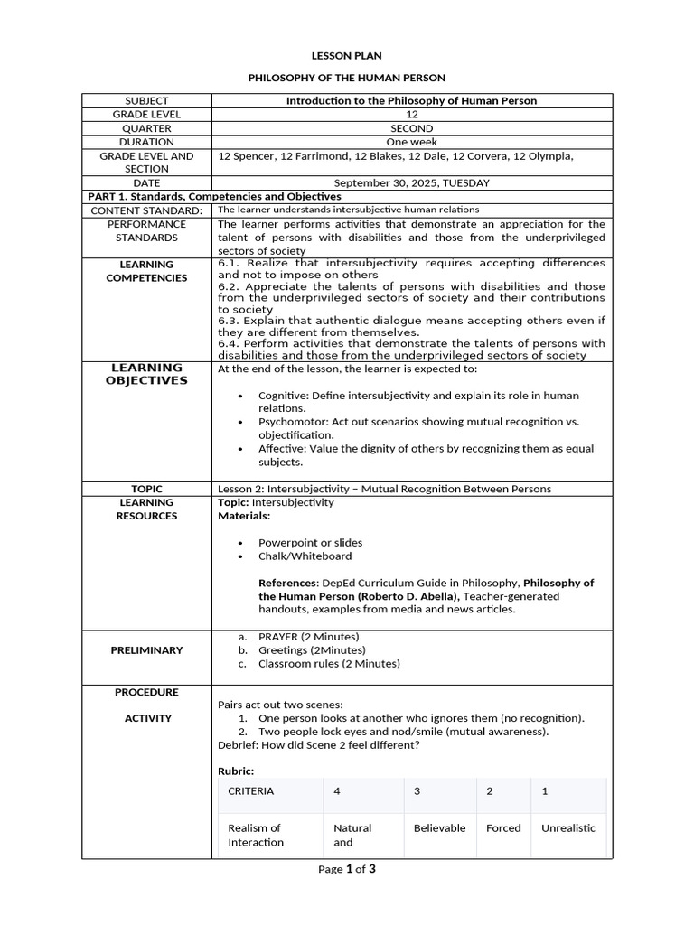 Philo Lesson Plan - Content No. 6 09-30-25 | PDF | Learning | Psychology
