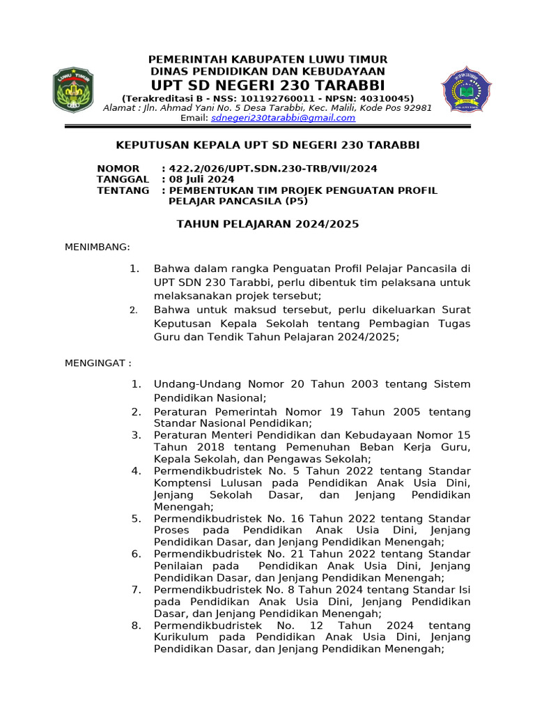 Pembentukan Tim P5 UPT SDN 230 Tarabbi | PDF