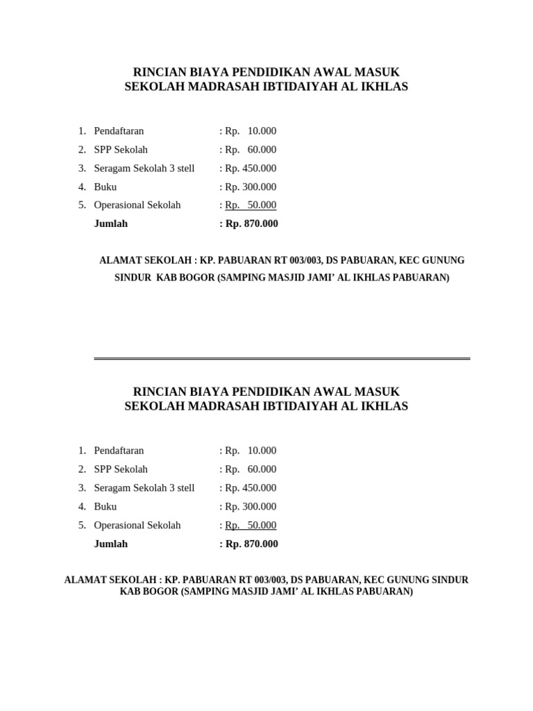 Rincian Biaya Pendidikan Awal Masuk 1 | PDF