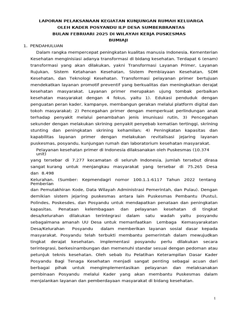 Format LHK Kunjungan Rumah Bulan Februari Sumber Brantas | PDF