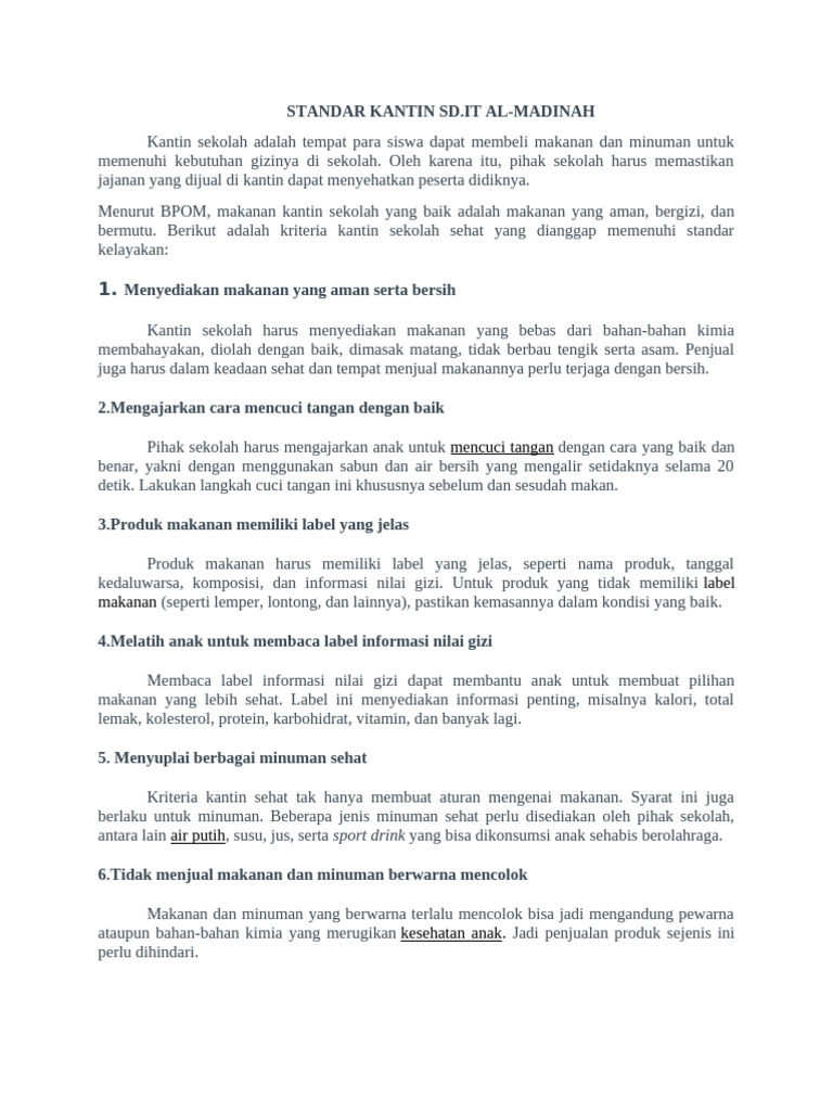 Standar Kantin Sdit Al-Madinah | PDF