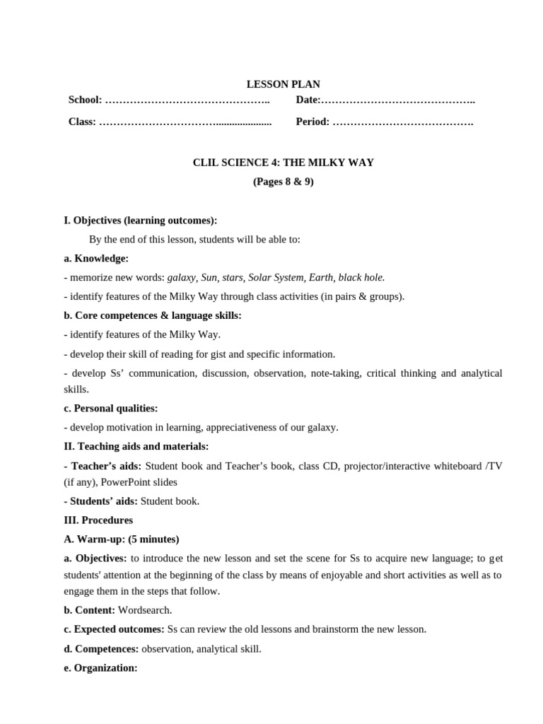 Milky Way CLIL Science Lesson Plan | PDF | Milky Way | Solar System