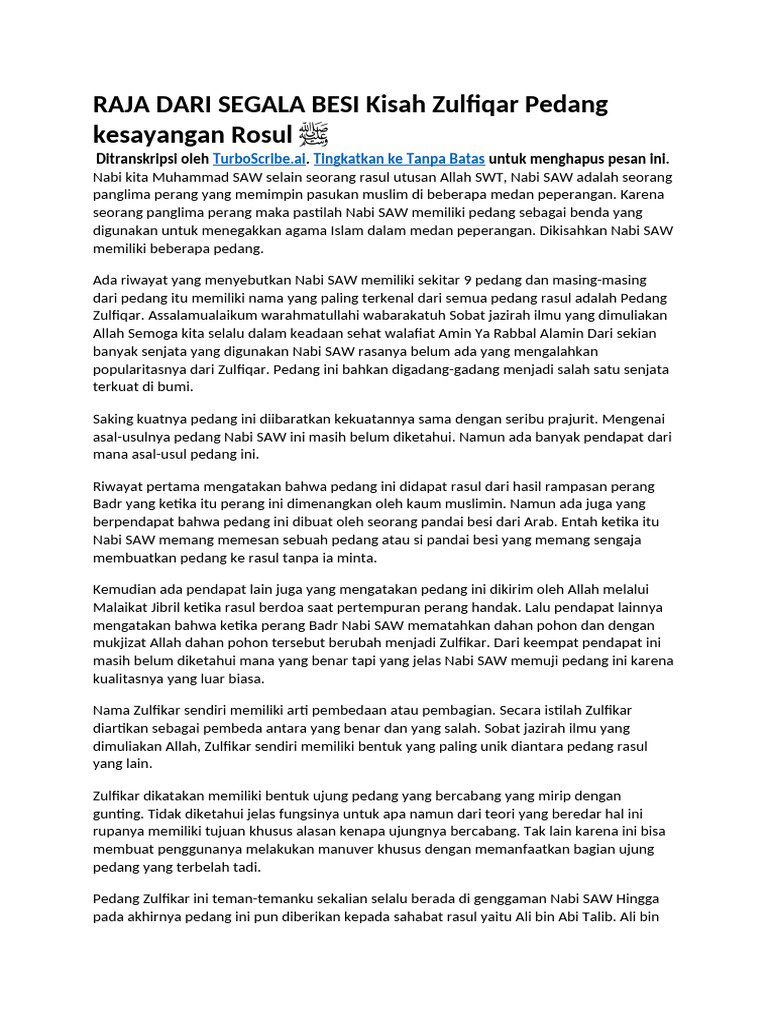 RAJA DARI SEGALA BESI Kisah Zulfiqar Pedang Kesayangan Rosul | PDF