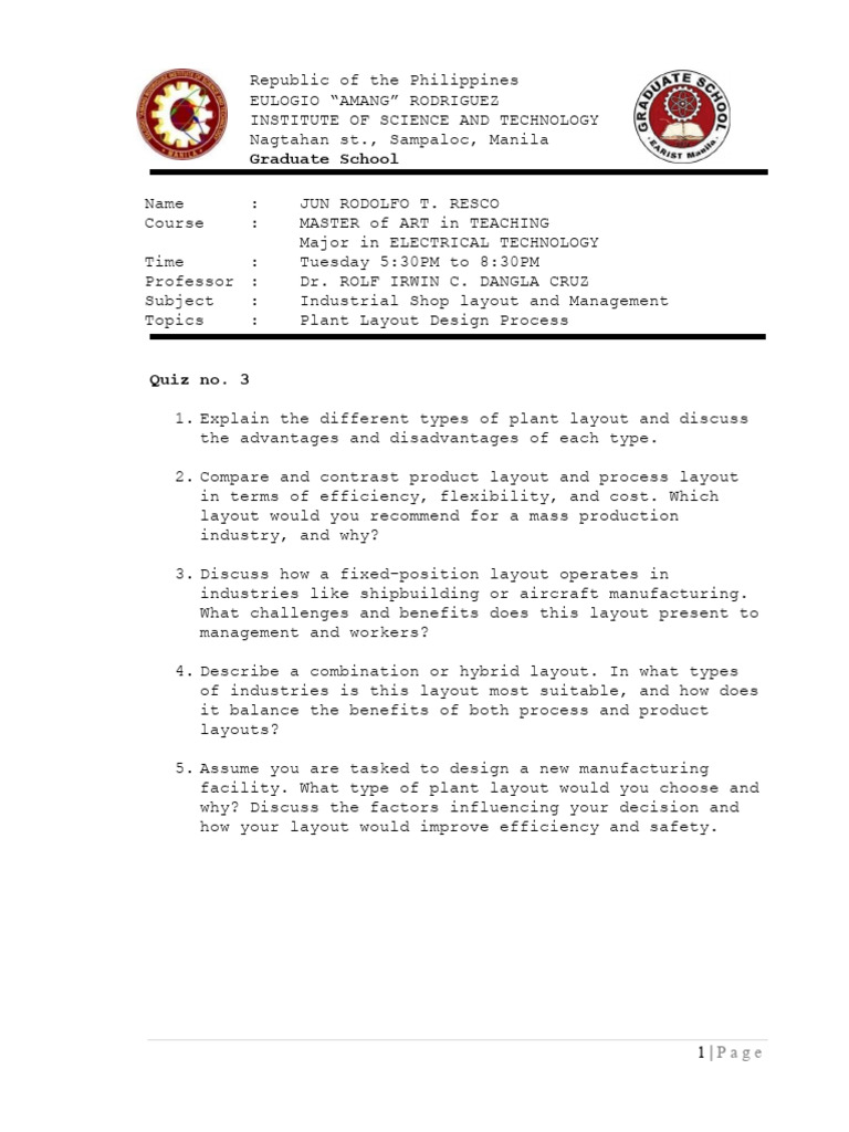 Quiz 3 Discuss The Different Process of Plant Layout Plant Layout | PDF ...