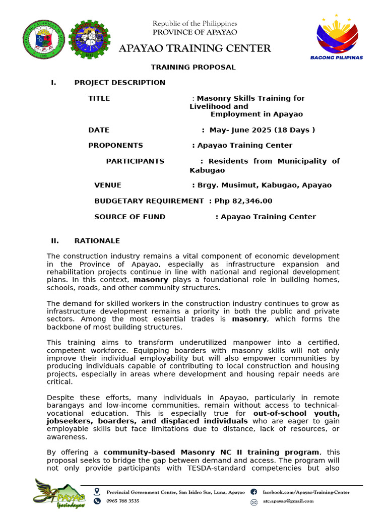 Masonry Skills Training Proposal Apayao | PDF | Occupational Safety And ...