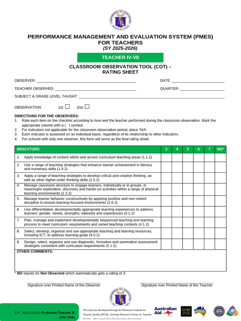 Annex E-2 - COT Rating Sheet For Proficient Teacher (TIV-TVII) | PDF | Teachers | Learning