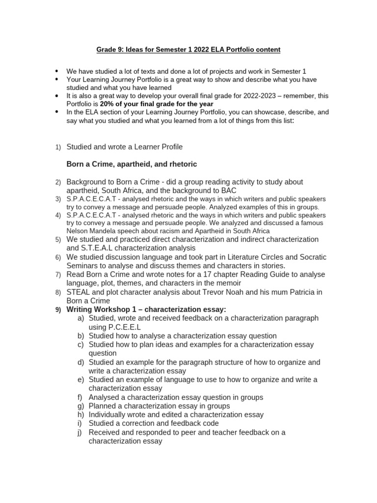 Grade 9 ELA Portfolio Ideas 2022 | PDF | Poetry | Essays
