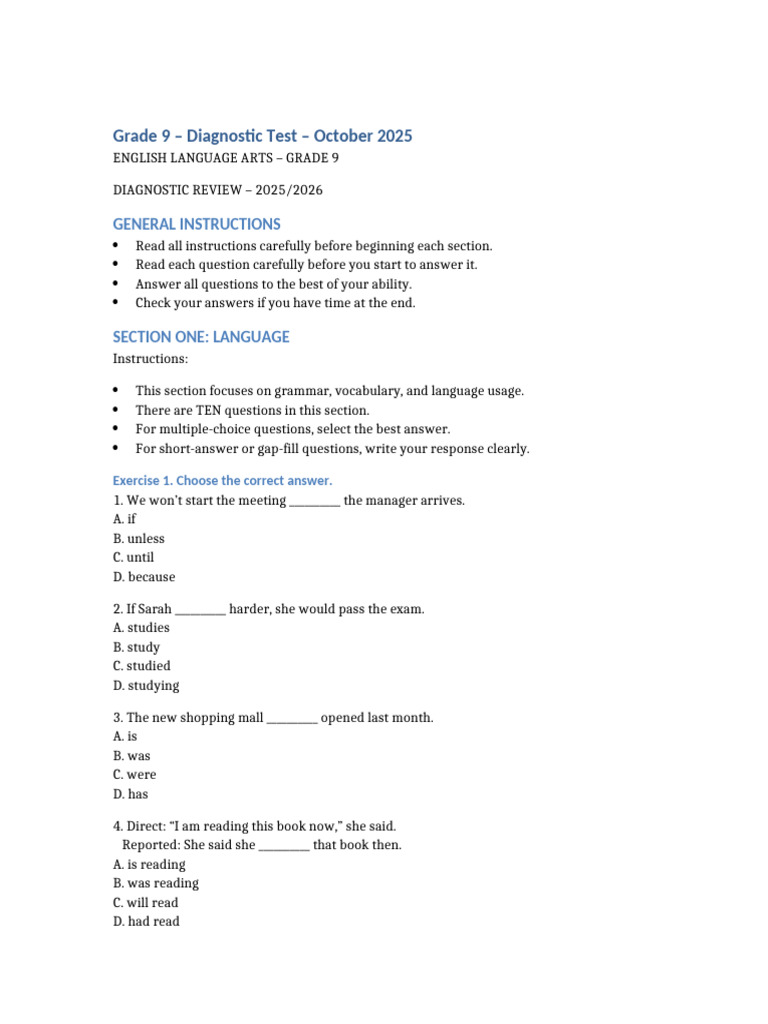 Grade 9 English Diagnostic Test 2025 | PDF | Libraries