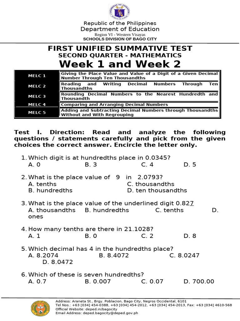 First Unified Summative Test: Math | PDF | Arithmetic | Mathematics