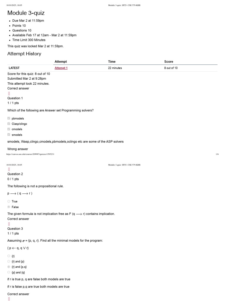Module 3-Quiz - SP25 - CSE 579-KRR | PDF | Mathematics | Theoretical Computer Science