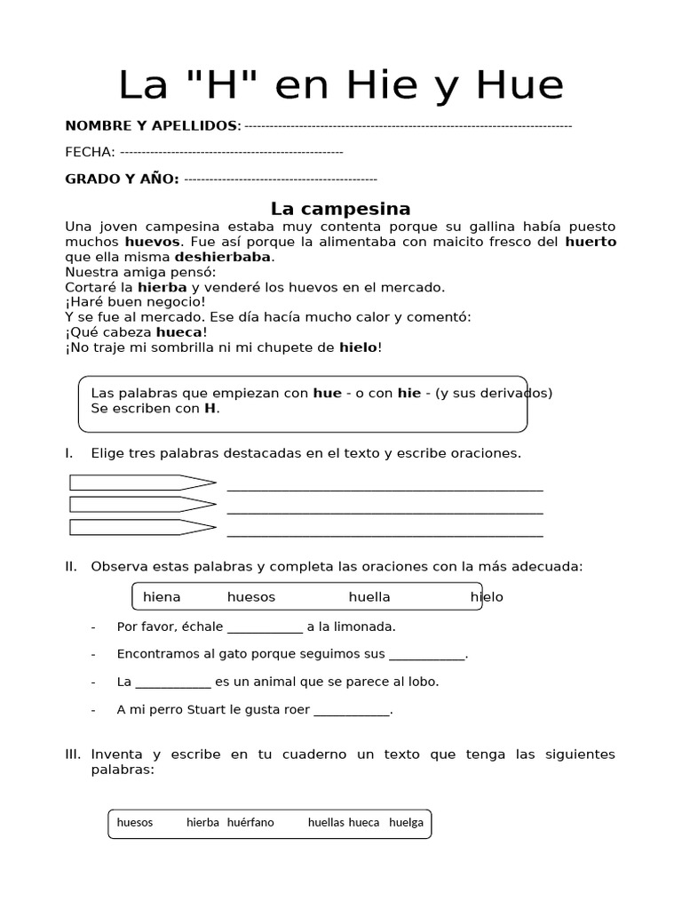 Actividades de Lengua: Palabras con H | PDF