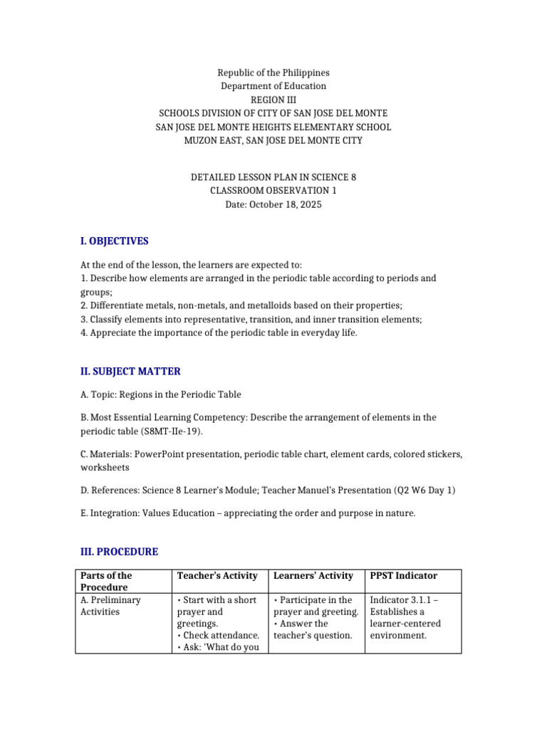 Science 8 Lesson Plan: Periodic Table | PDF | Periodic Table | Learning