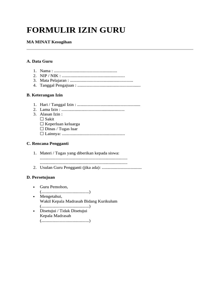 Formulir Izin Guru MA Minat Kesugihan | PDF
