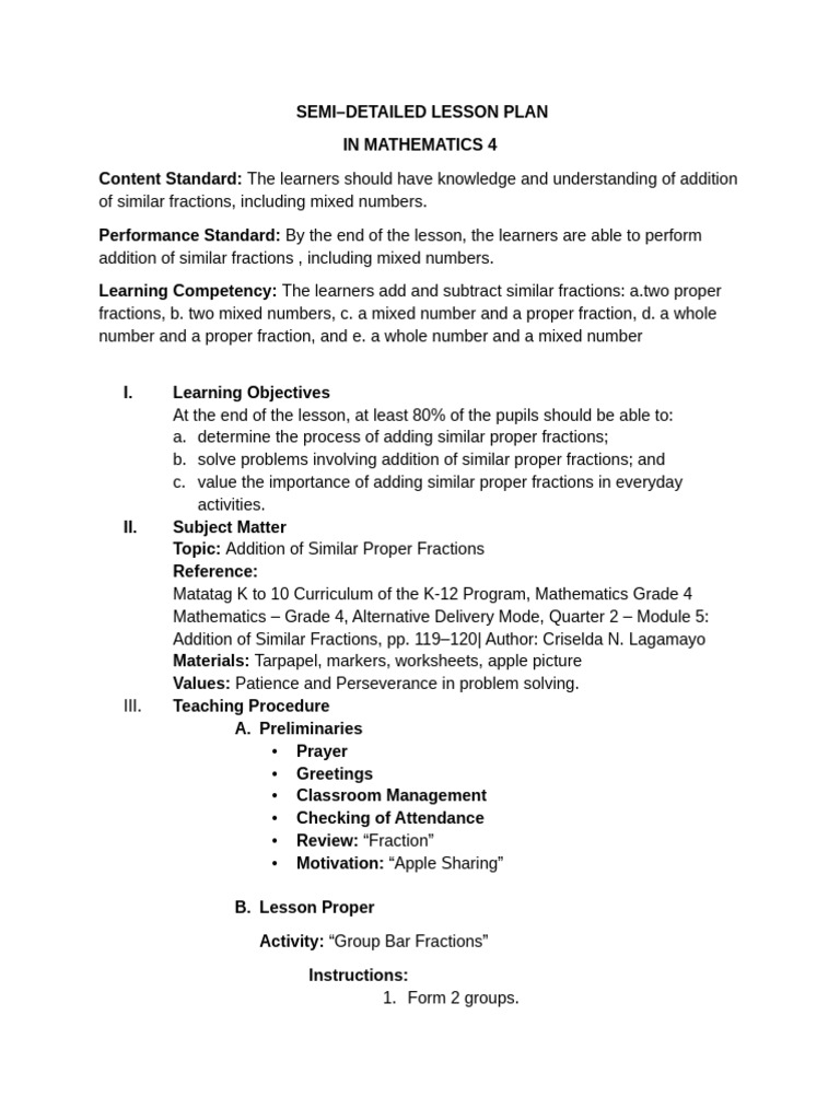 Lesson Plan: Adding Similar Fractions | PDF | Teaching | Pedagogy
