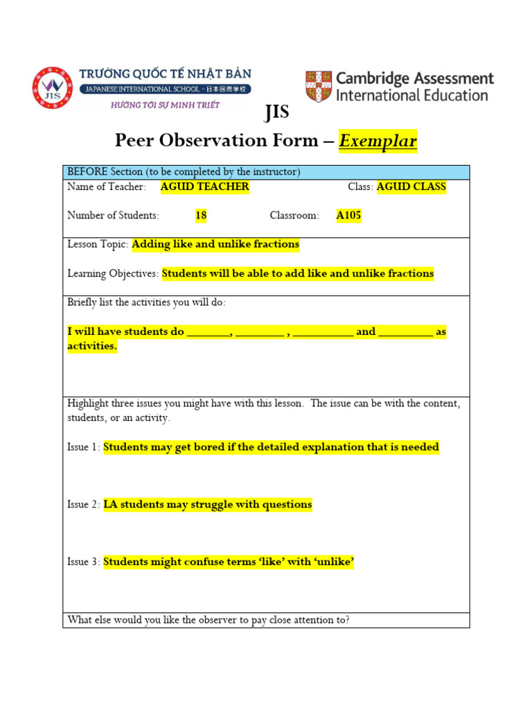 Peer Observation: Adding Fractions Lesson | PDF | Teachers | Cognitive ...
