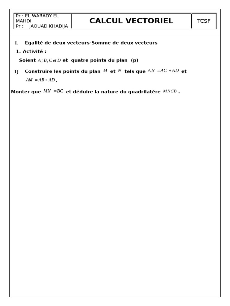 Cours N2 TCSF Calcul Vectoriel | PDF