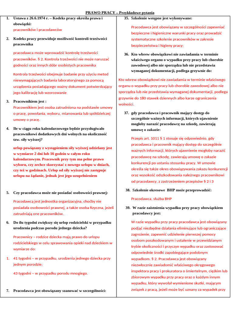 Przykładowe Pytania Prawo Pracy | PDF