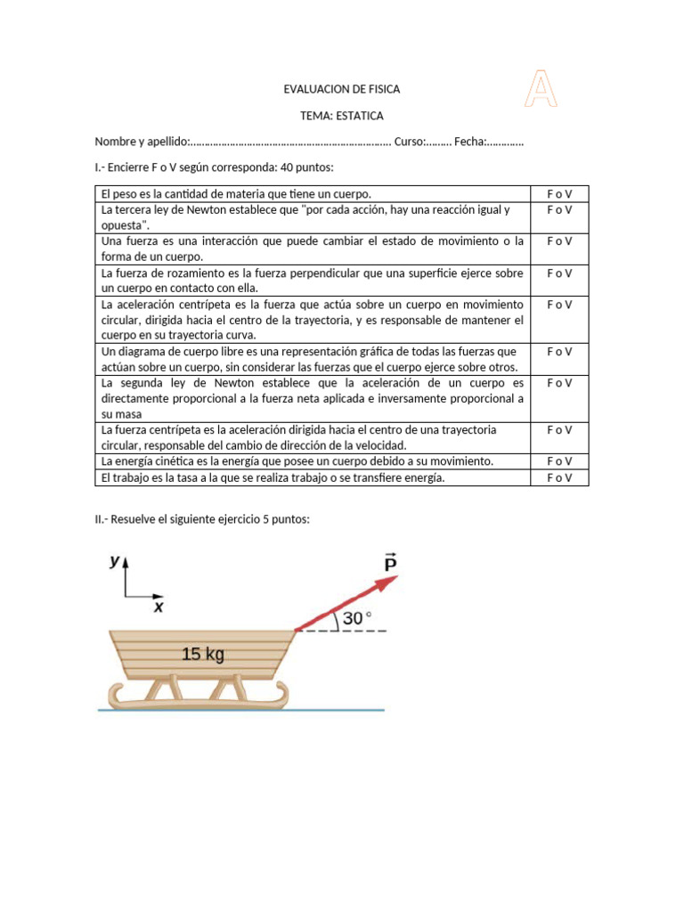 Evaluación de Física: Estática y Fuerzas | PDF | Fuerza | Las leyes del ...