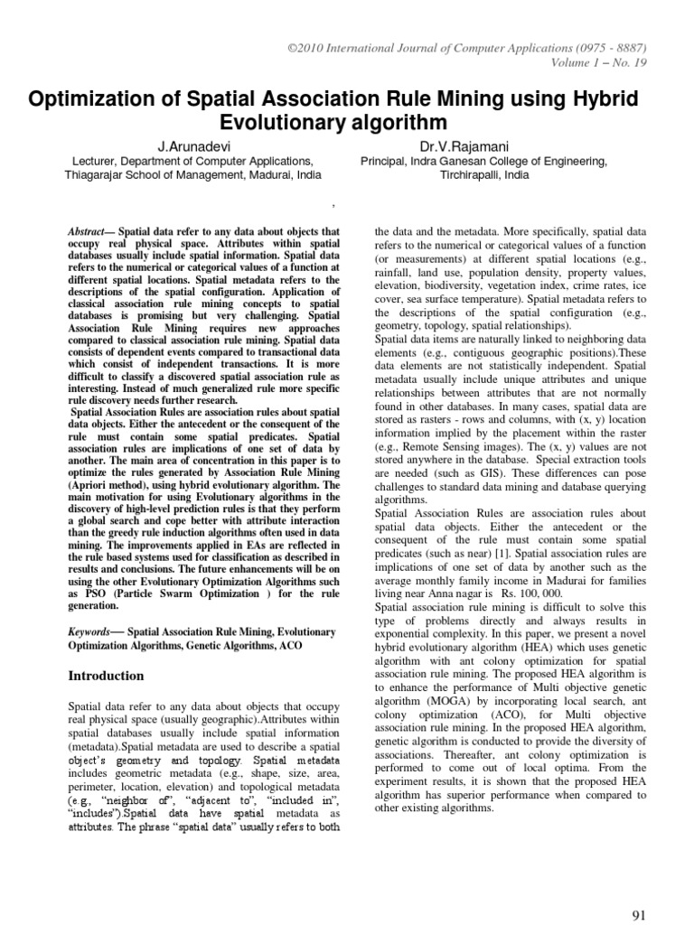 Optimization Of Spatial Association Rule Mining Using Hybrid Evolutionary Algorithm Pdf