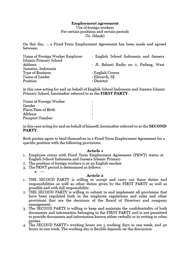 Fixed-Term Employment Agreement for Foreign Teachers | PDF | Employment ...