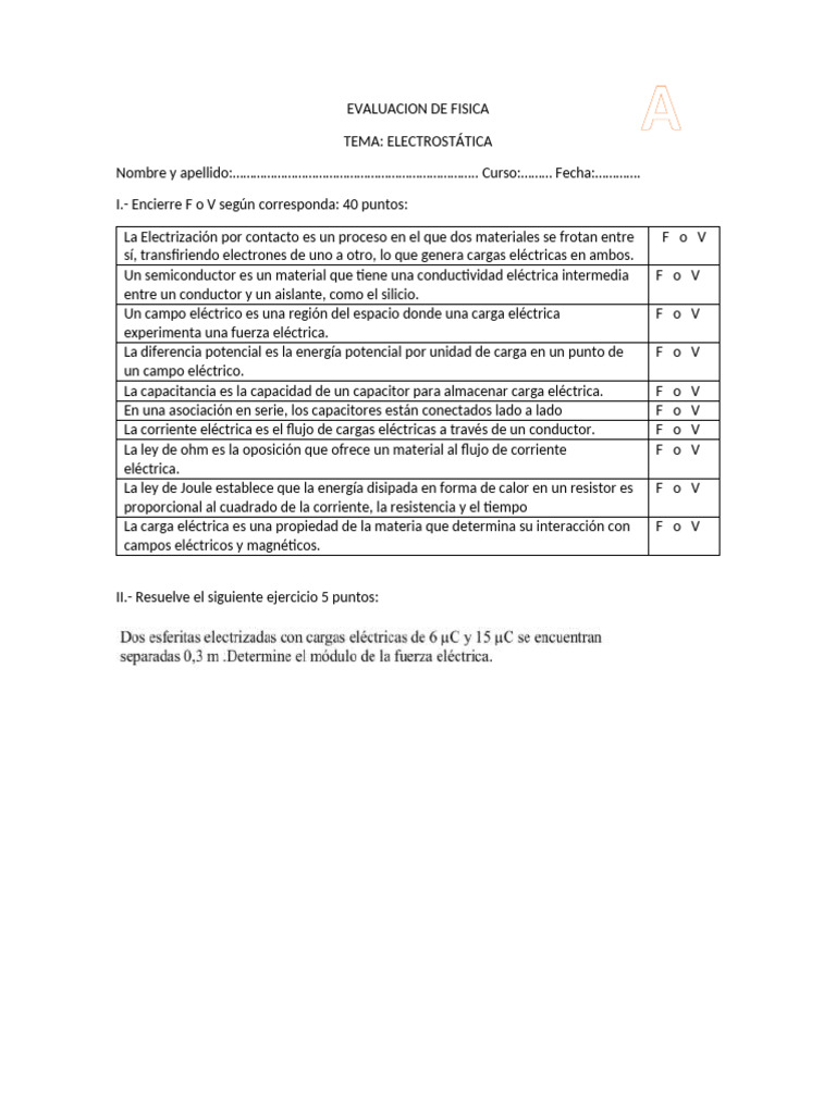 Evaluacion de Fisica 6to Electrostatica | PDF | Electricidad ...
