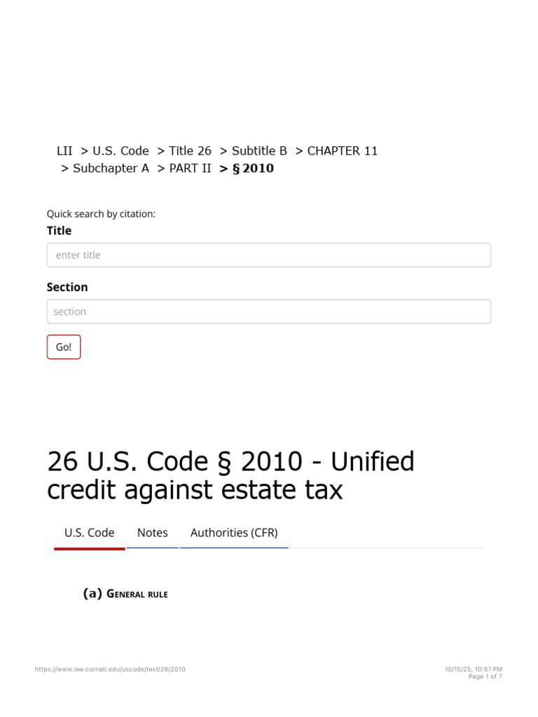 26 U.S. Code 2010 - Unified Credit Against Estate Tax - U.S. Code - US ...