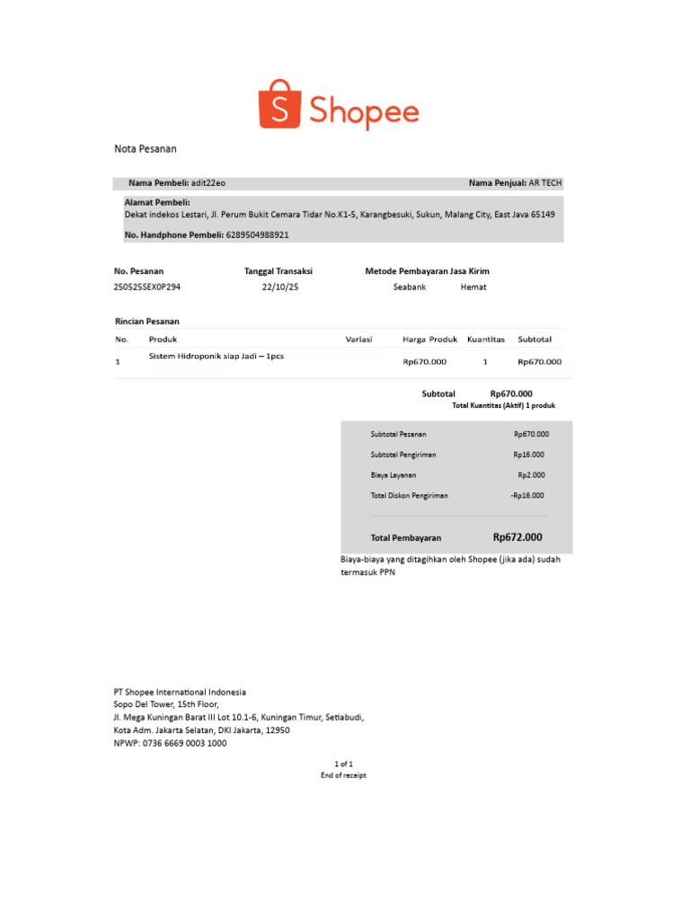 Invoice Pembayaran Shopee Adit22eo | PDF