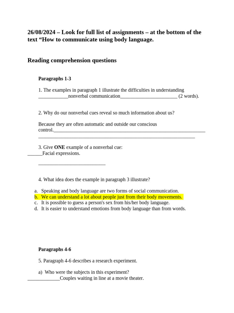 How We Communicate Through Body Language - Questions | PDF | Body ...