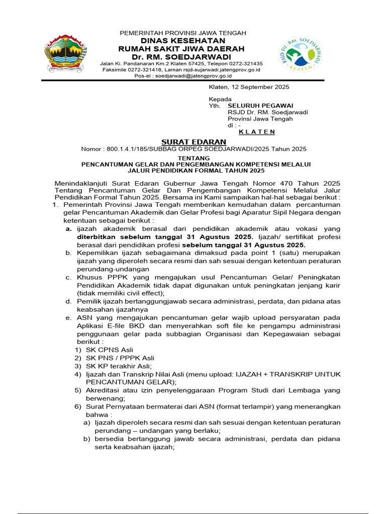 Surat Edaran Tubel Ibel Dan PG RSJD Dr RM Soedjarwadi 2025 | PDF