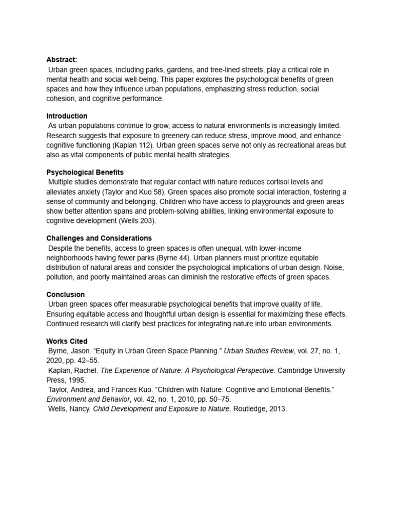 Benefits of Urban Green Spaces | PDF