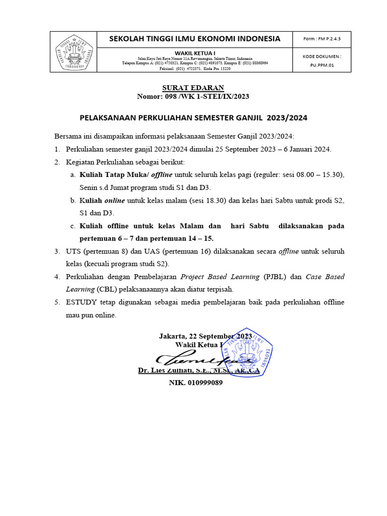 Pelaksanaan Perkuliahan Semester Ganjil 2023-2024 | PDF