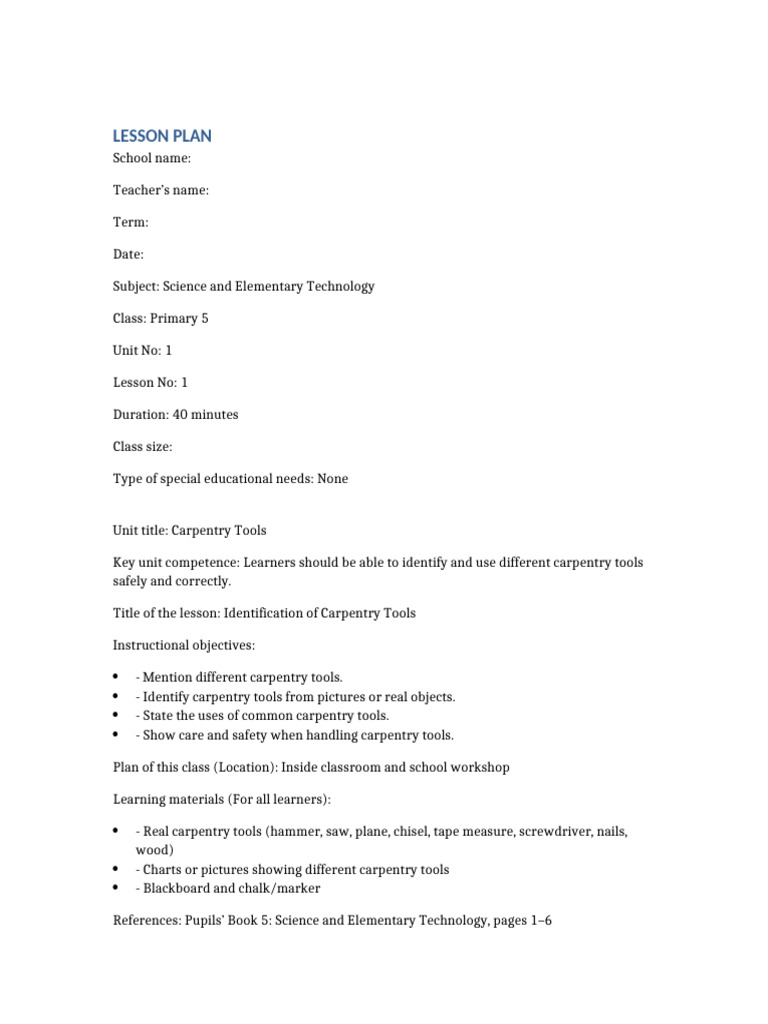 Lesson Plan Carpentry Tools | PDF | Carpentry | Lesson Plan