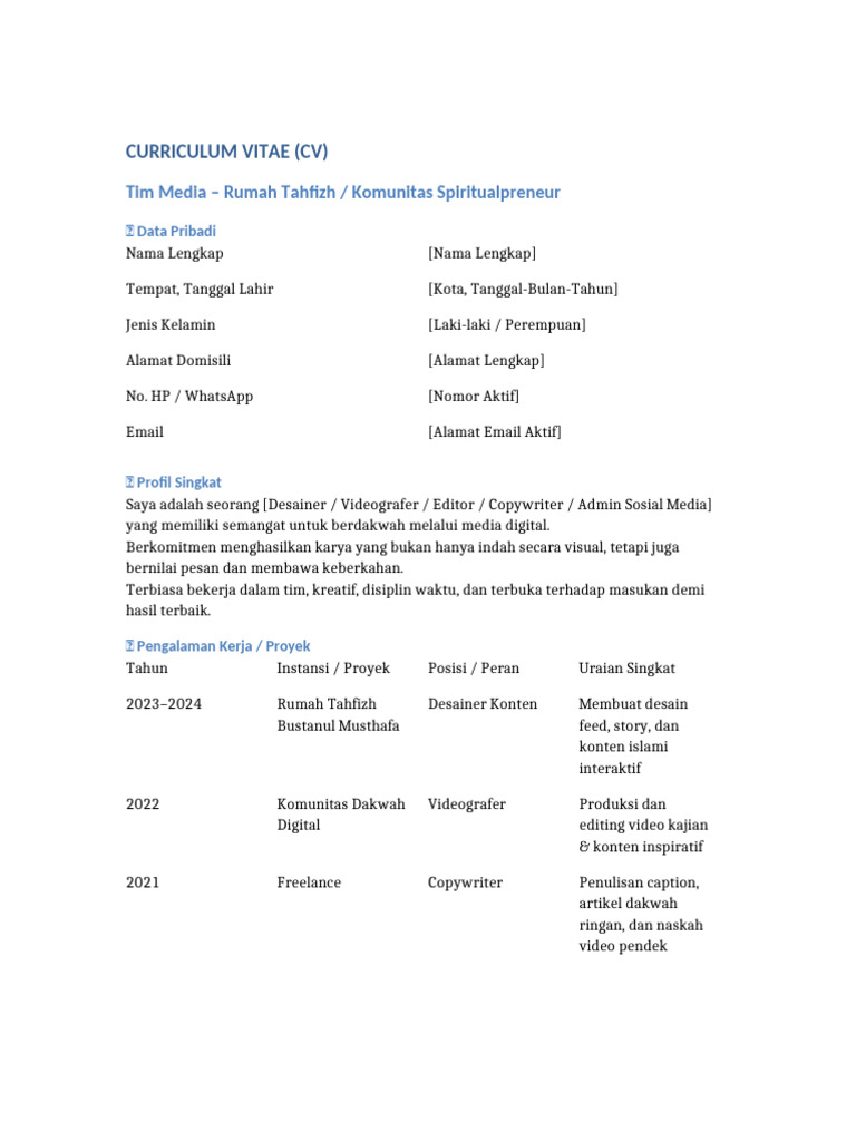 Contoh CV Tim Media Rumah Tahfizh | PDF