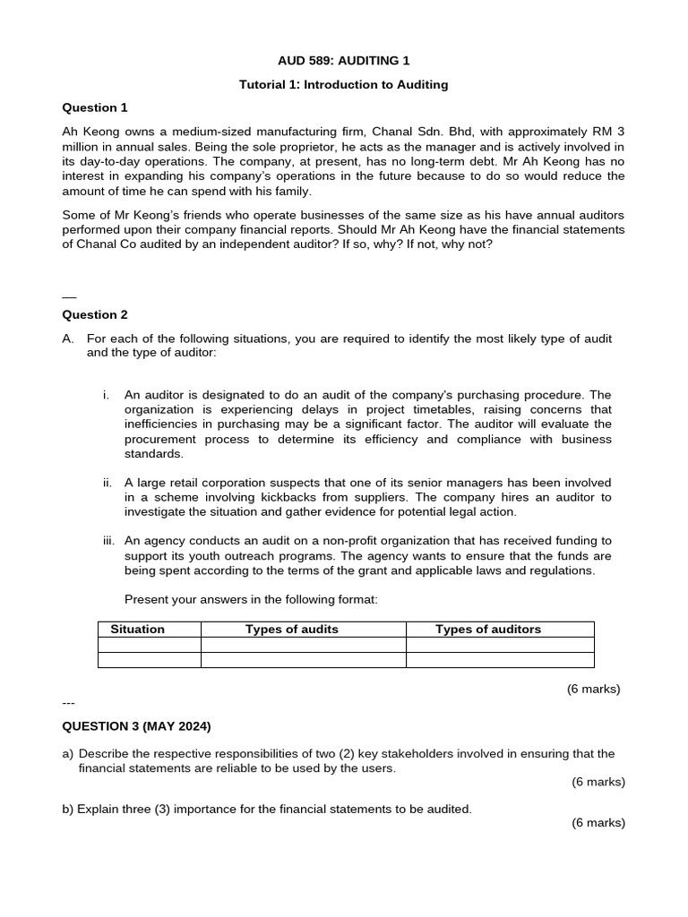Tutorial Chapter 1 March2025 | PDF | Audit | Accounting