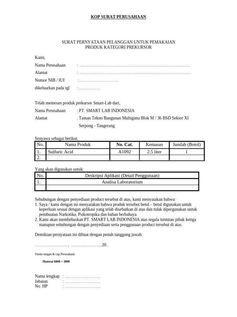 Surat Pernyataan Penggunaan Prekursor | PDF
