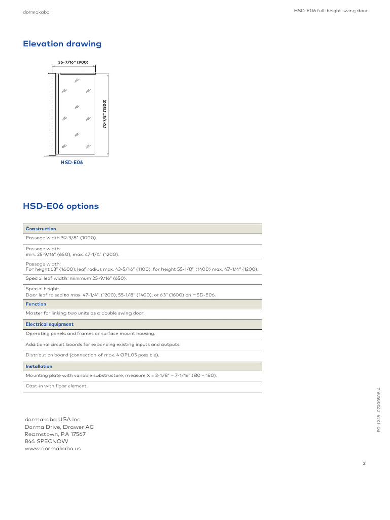 Dormakaba HSD-E06 Manual (English - 2 Pages) | PDF