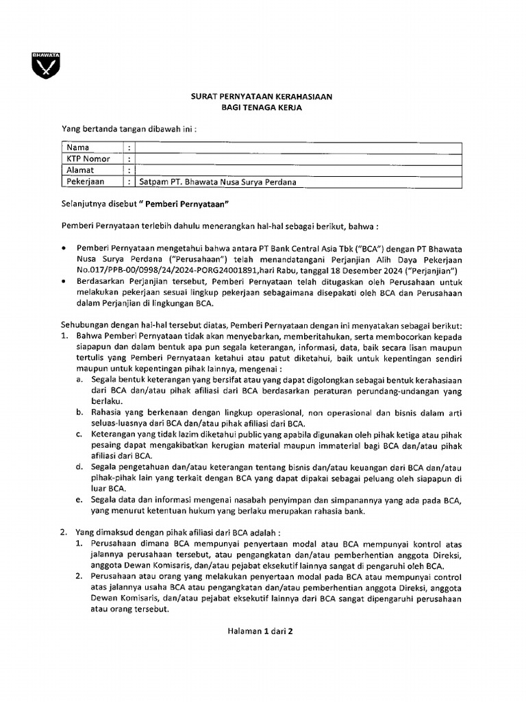 Surat Pernyataan Kerahasiaan Bca-1 | PDF