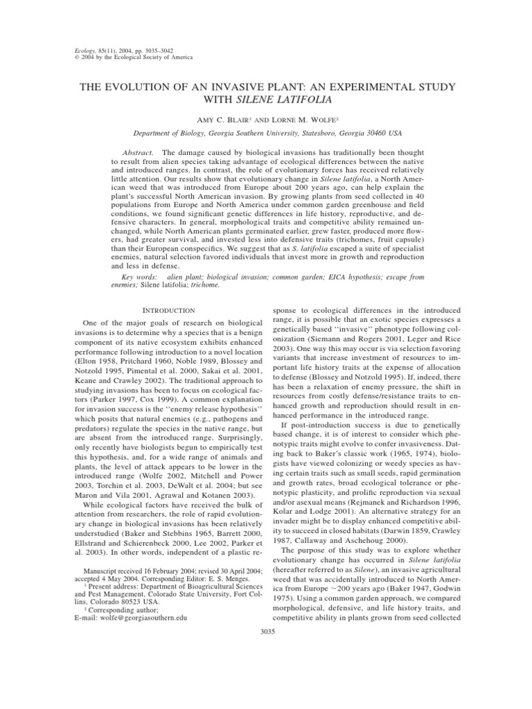 Evolution of Invasive Silene latifolia | PDF | Invasive Species ...