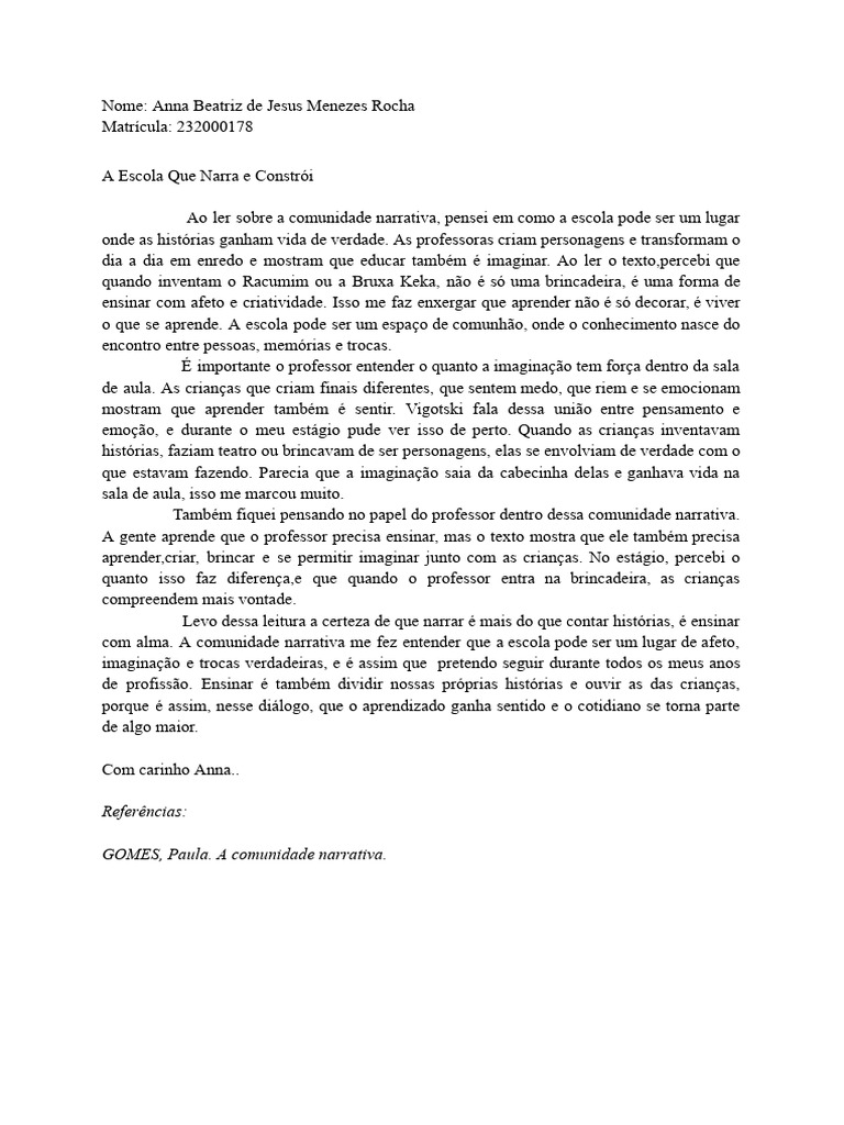 Carta Reflexiva sobre Ensino Narrativo | PDF