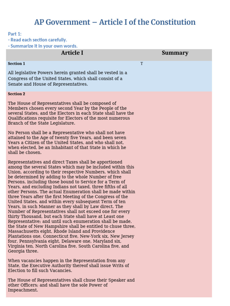 Blank AP Government Constitution Article I | PDF | Article One Of The ...