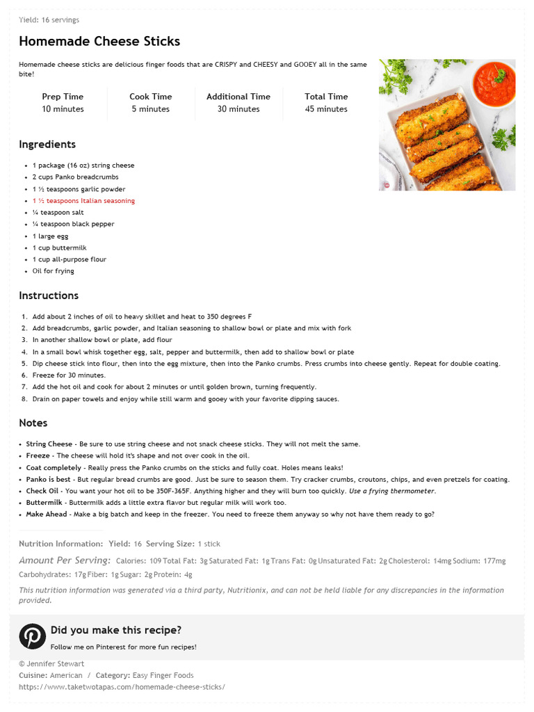Homemade Cheese Sticks - Take Two Tapas | PDF | Breads | Cheese