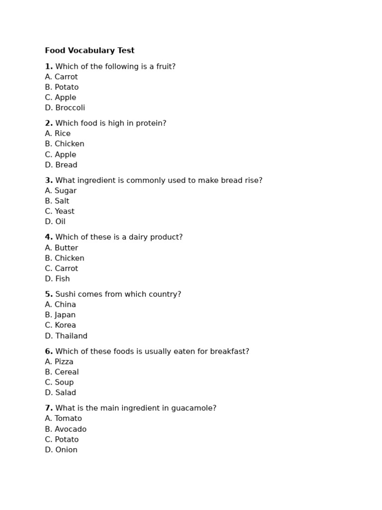 Food Vocabulary Quiz for Beginners | PDF