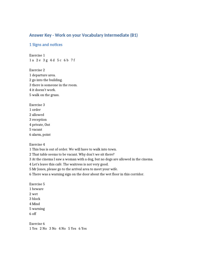 Vocabulary Answer Key for B1 Level | PDF