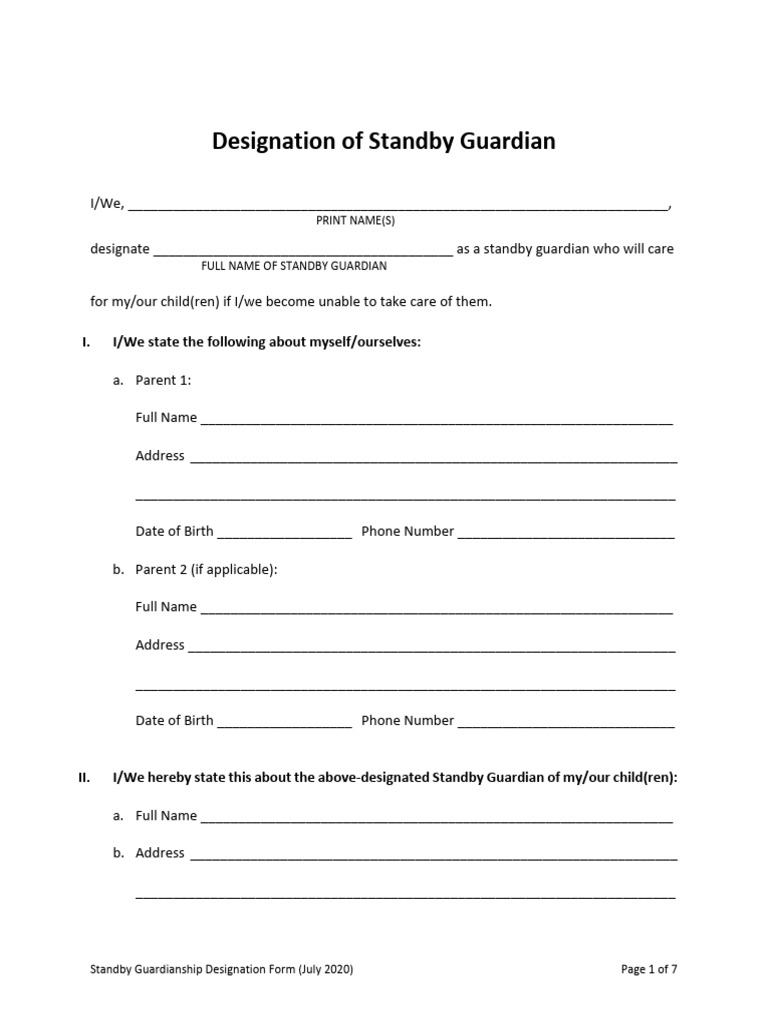 Standby Guardianship Form Template | PDF | Legal Guardian | Childhood
